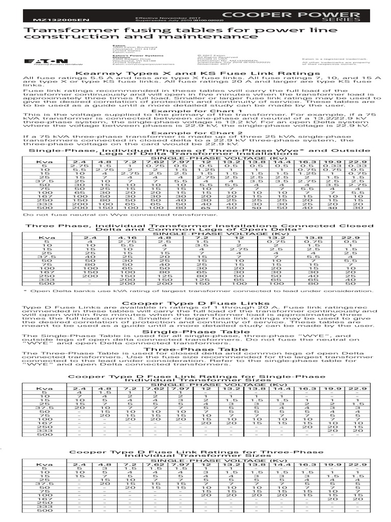 Transformer Fusing Tables For Power Line Construction and Maintenance ...