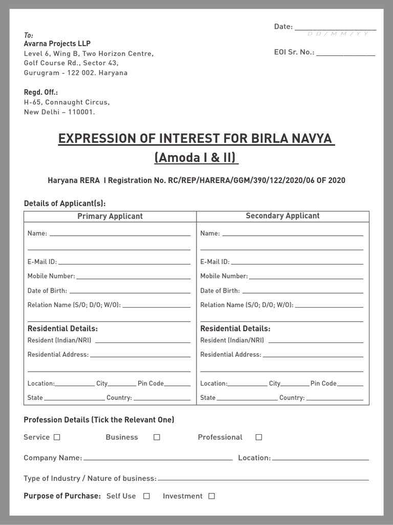 Birla Navya EOI Form - Amoda - R4 | PDF