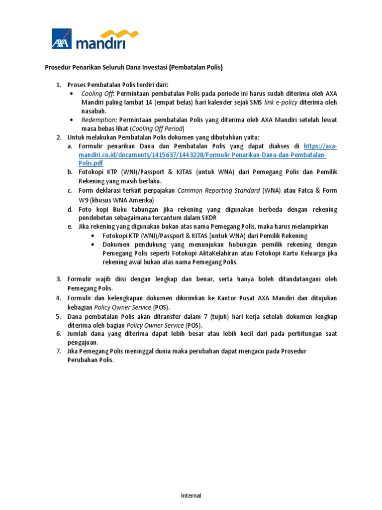 Prosedur Pembatalan Polis AXA | PDF | Bisnis | Pengelolaan Keuangan & Uang
