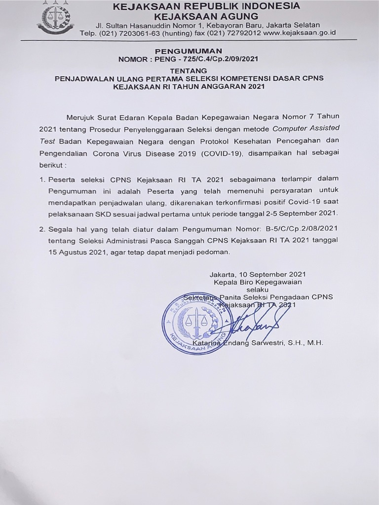 Pengumuman Penjadwalan Ulang Pertama SKD Cpns Kejaksaan Ri Ta 2021 | PDF Pengumuman Penjadwalan Ulang Pertama SKD Cpns Kejaksaan Ri Ta 2021 | PDF