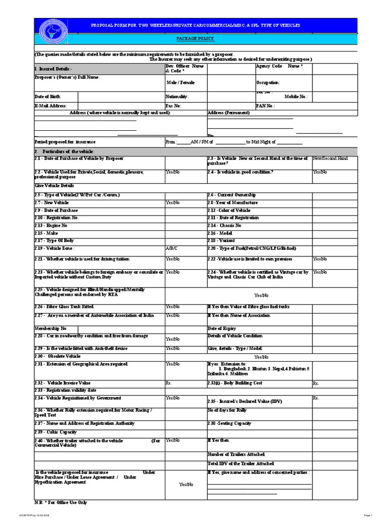 Proposal Form For Two Wheelers/Private Car/Commercial/Misc. & Spl. Type ...