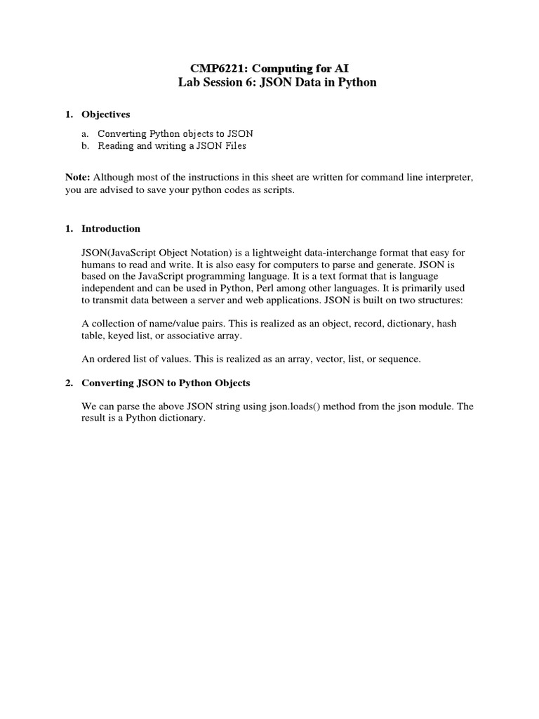 Cmp6221 Computing For Ai Lab Session 6 Json Data In Python Pdf Json String Computer 