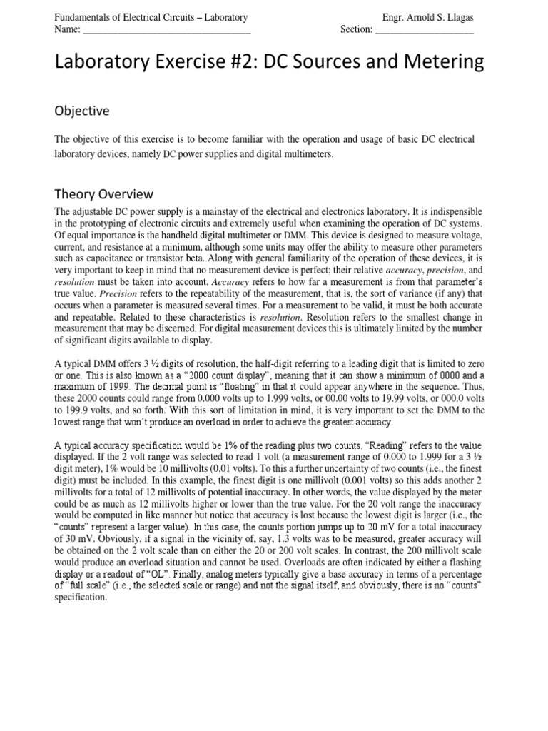 Laboratory Exercise 2 DC Sources and Metering | PDF | Electromagnetism ...