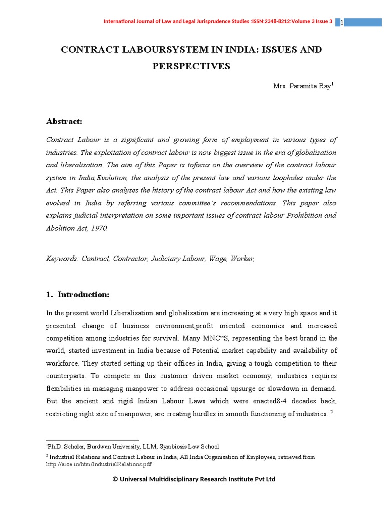 Contract Laboursystem in India: Issues and Perspectives: Abstract | PDF ...