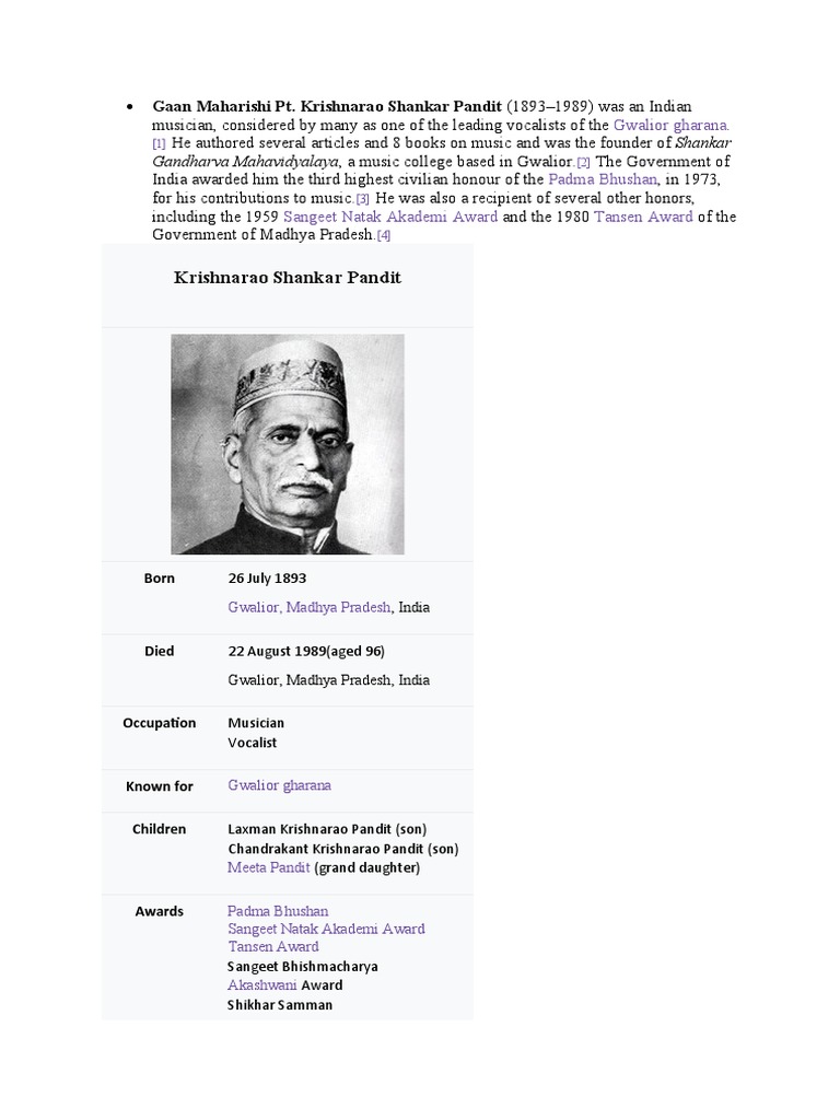 Biography-Pt. Krishnarao Shankar Pandit | PDF | Classical And Art Music ...