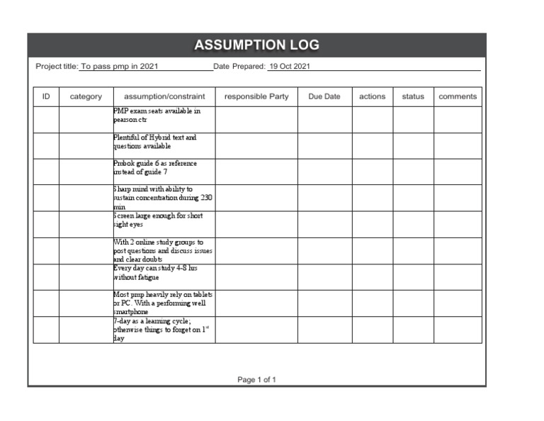 Assumption Log: Project Title: To Pass PMP in 2021 Date Prepared: 19 ...