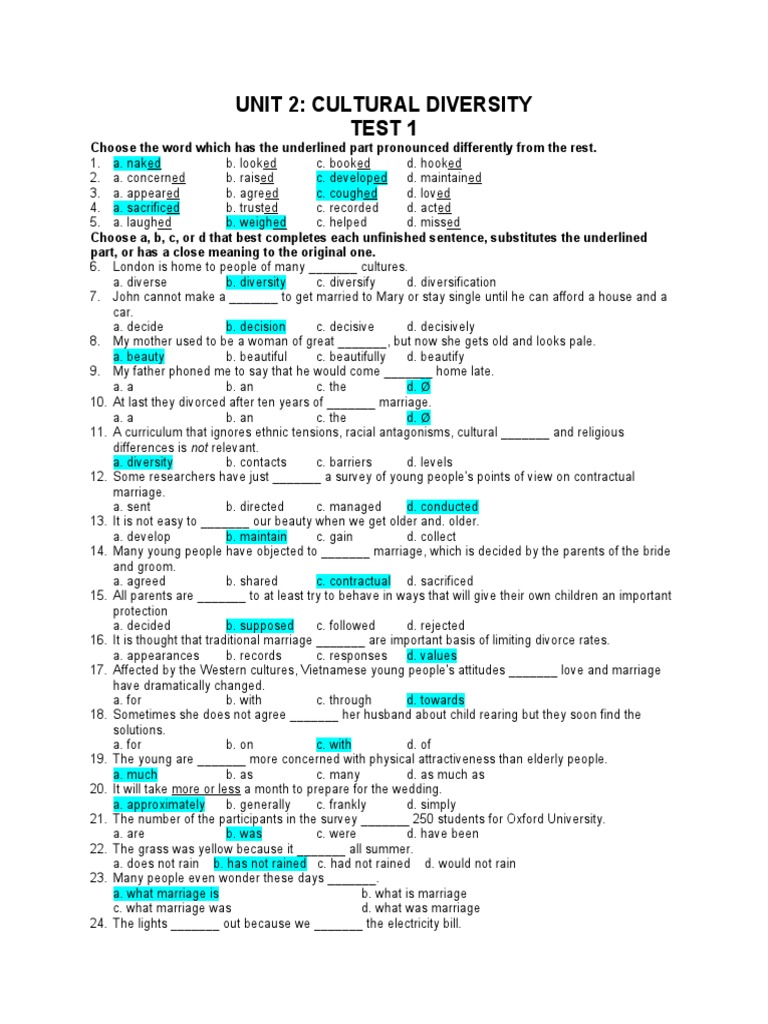 Unit 2: Cultural Diversity Test 1: Choose The Word Which Has The ...