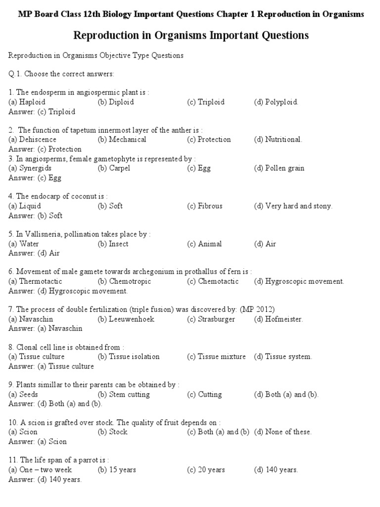 12th Biology Important Questions and Answers Chapter 1 | PDF | Sexual ...