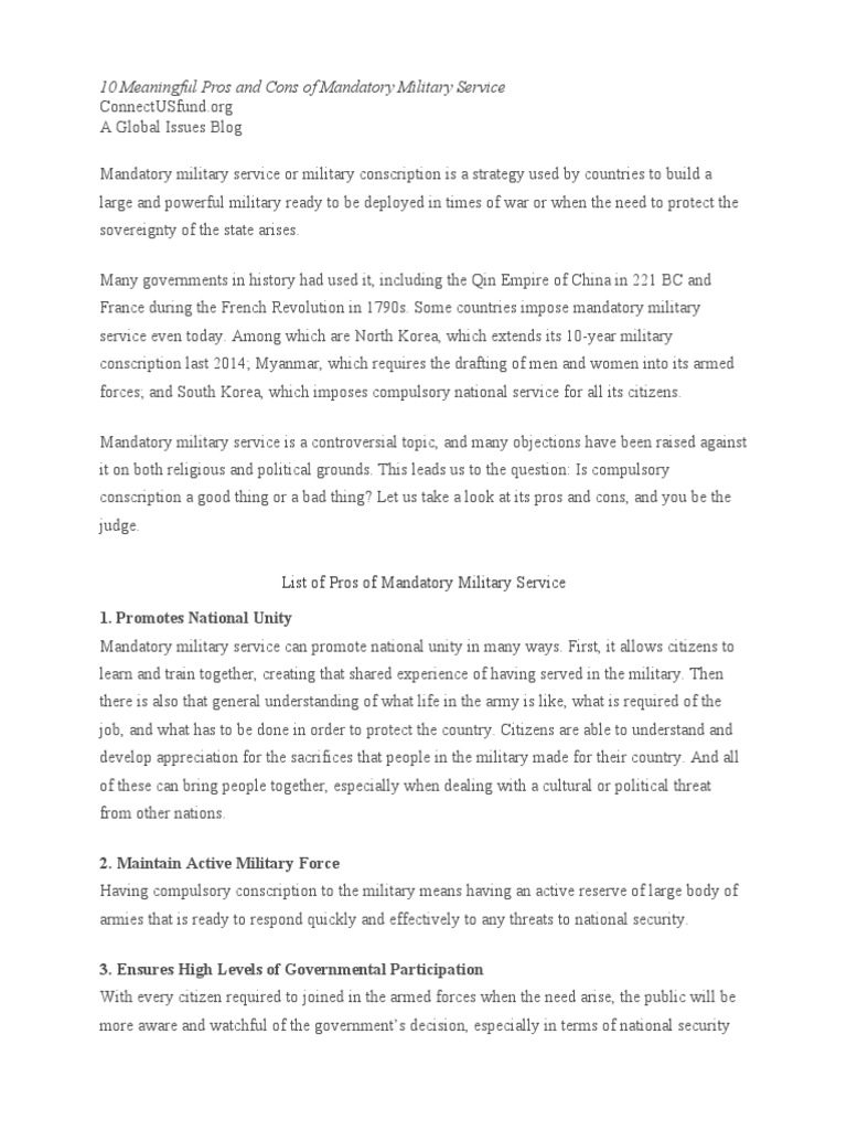 10 Meaningful Pros and Cons of Mandatory Military Service | PDF ...