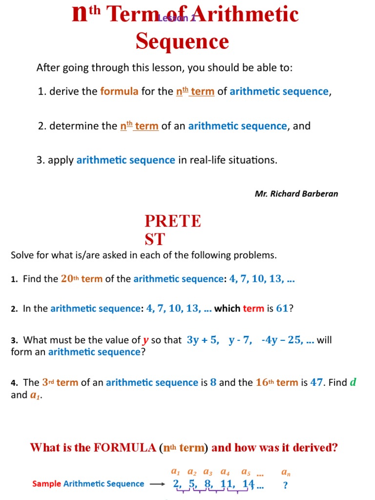 Arithmetic Sequence NTH Term Arithmetic Means and Arithmetic Series 1 | PDF | Mathematical ...