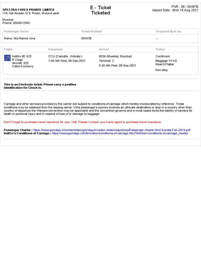 Flight Itinerary Indigo | PDF