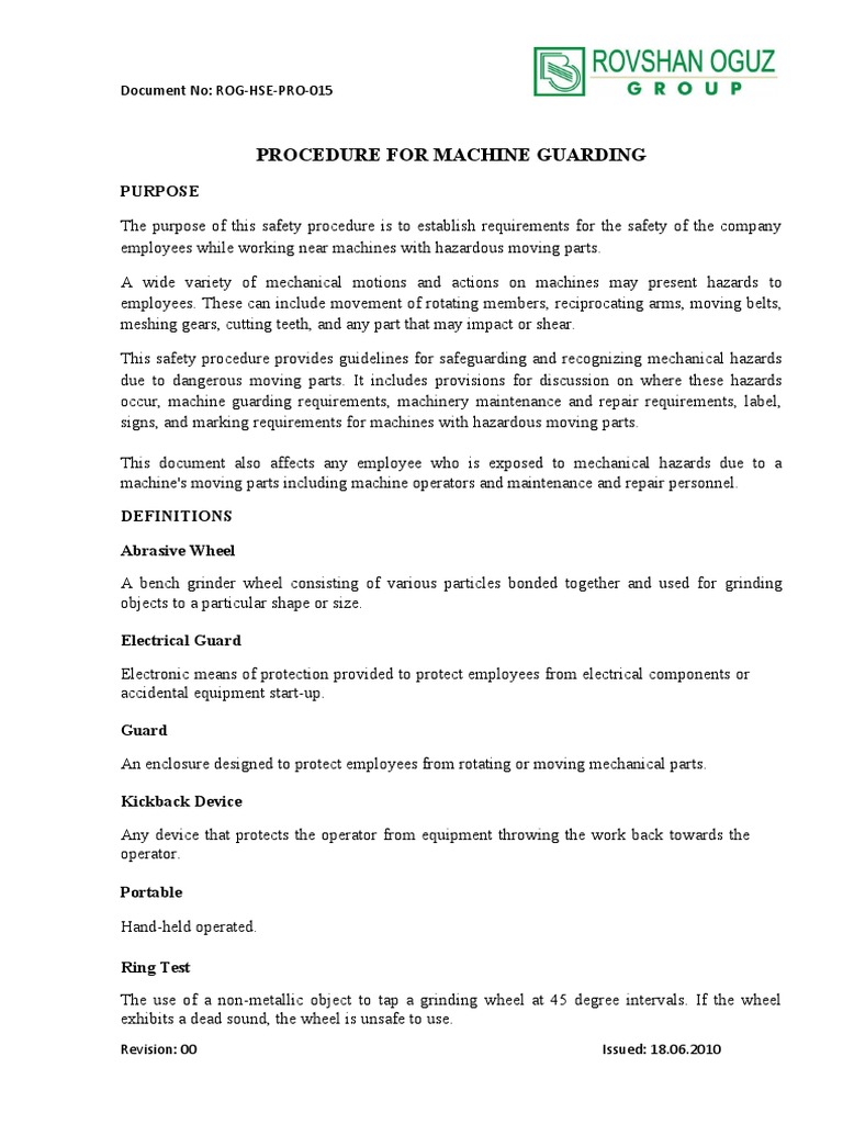 Rog-Hse-Pro-015, Procedure For Machine Guarding | PDF | Machines | Applied And Interdisciplinary ...