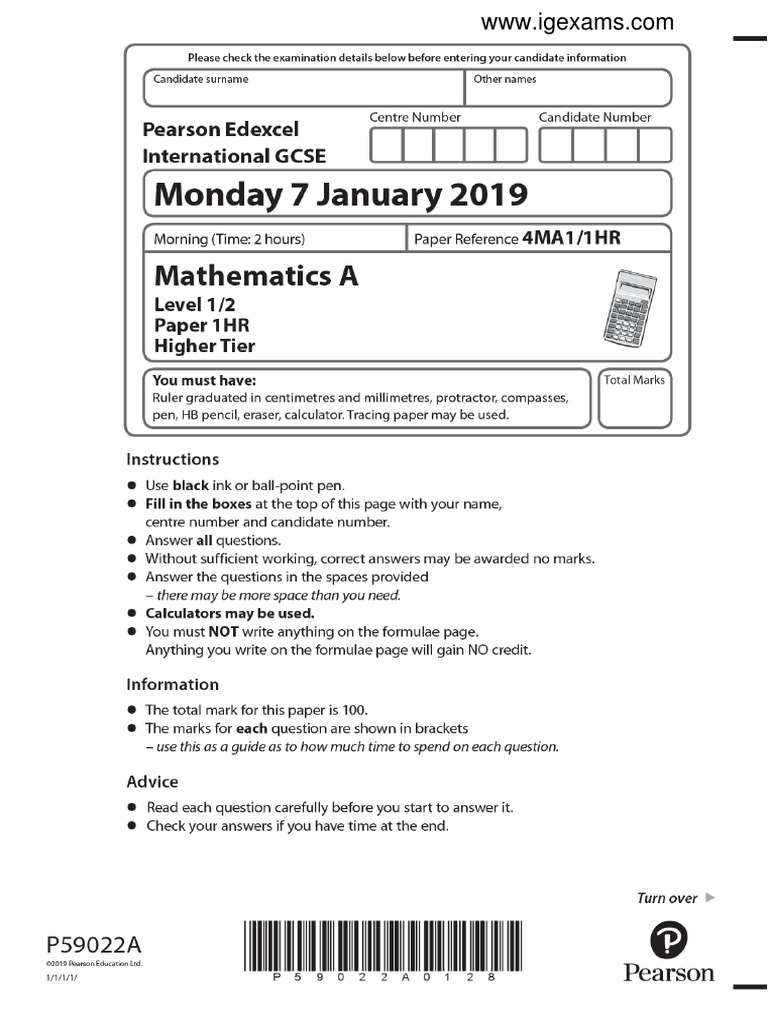 January 2019 (R) QP - Paper 1H Edexcel Maths (A) IGCSE | PDF | Area | Sine