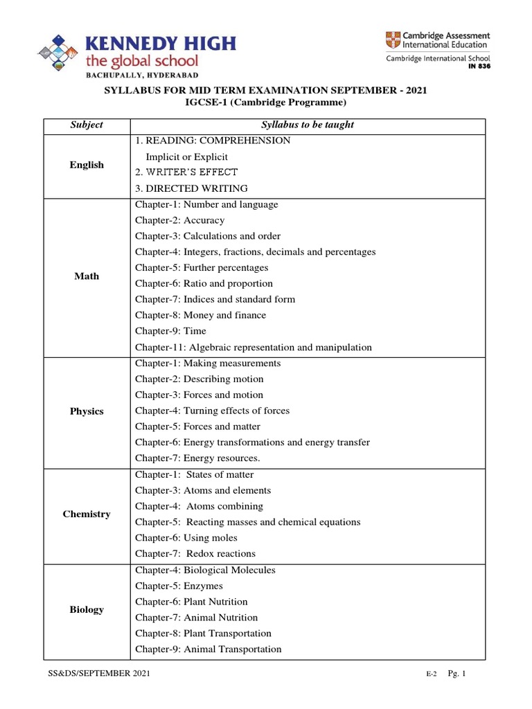 IGCSE 1 - September 2021 Syllabus For Midterm Examination and Date ...