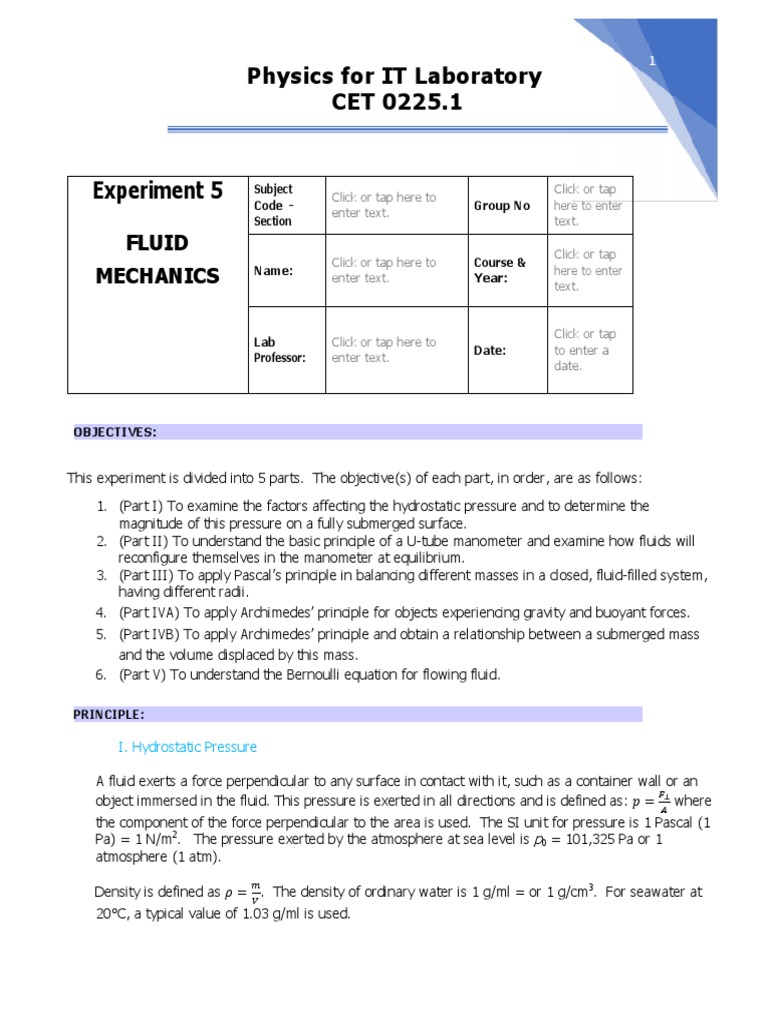 Experiment 5: Physics For IT Laboratory CET 0225.1 | PDF | Buoyancy ...
