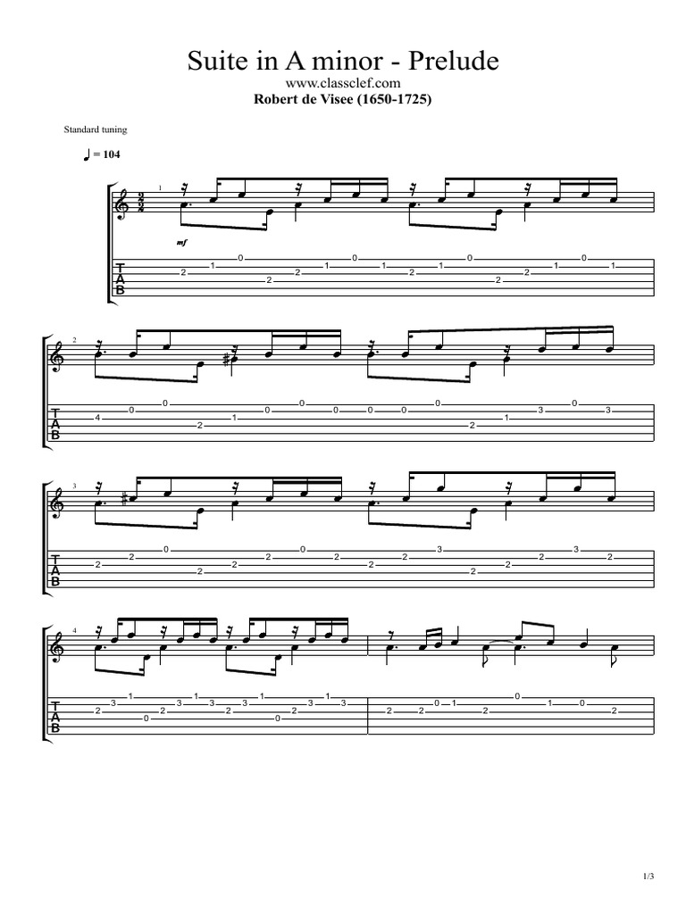 Lute Suite in A Minor Prelude by Robert de Visee | PDF | Classical ...