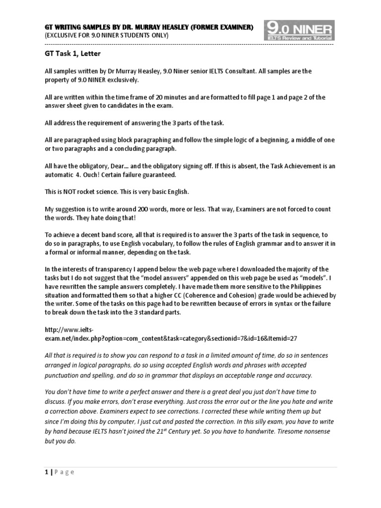 GT Task 1, Letter: GT Writing Samples by Dr. Murray Heasley (Former ...