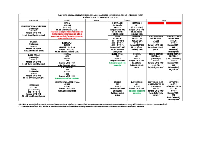 1 Raspored Casova Nastave 2021 22 I Godina 6 10 2021-1 | PDF