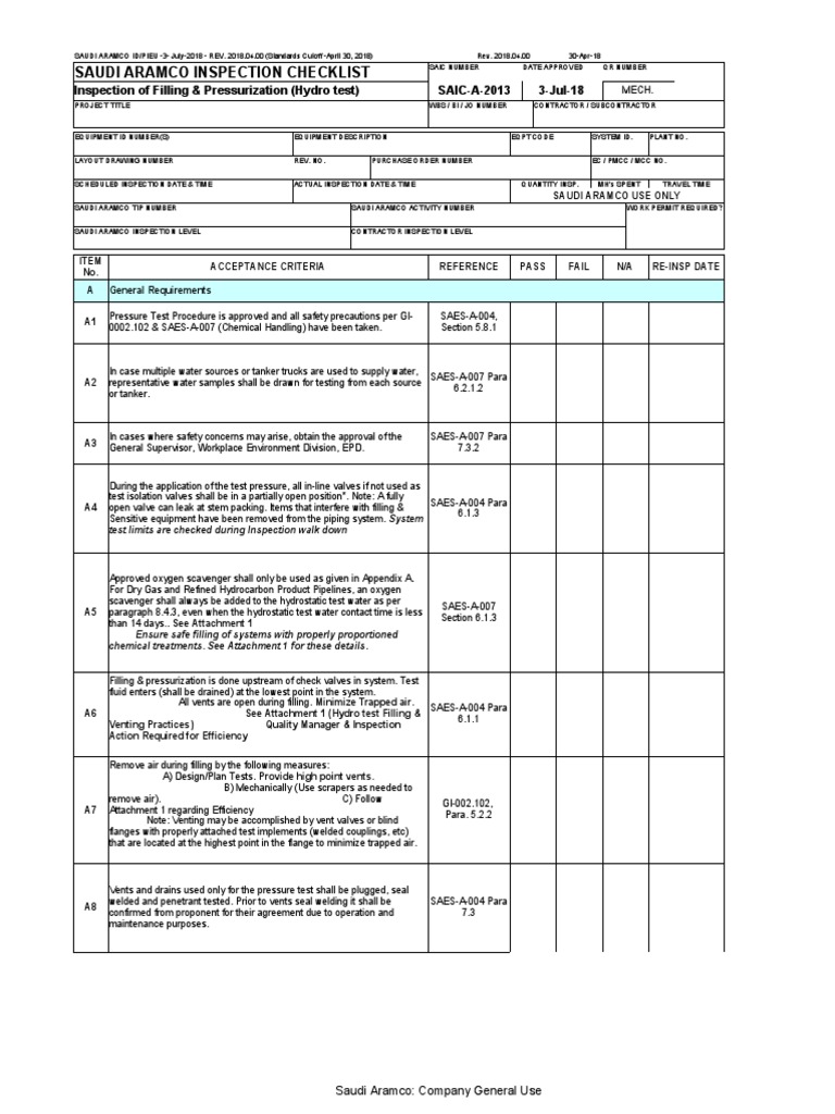 Saudi Aramco Inspection Checklist: Inspection of Filling ...