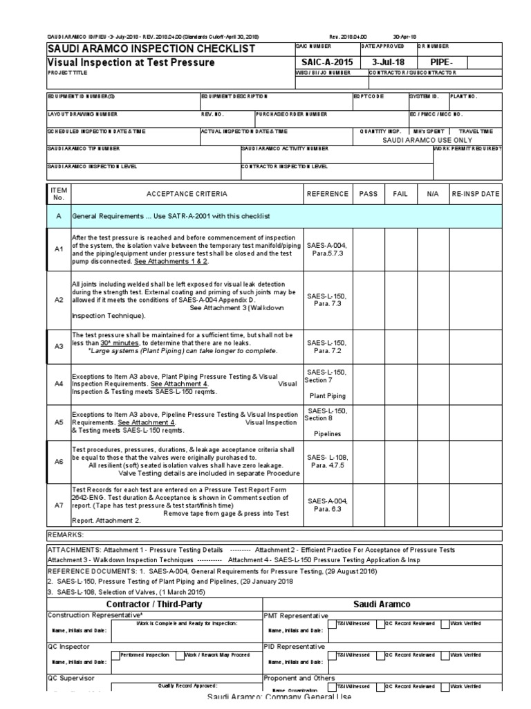 Saudi Aramco Inspection Checklist Visual Inspection at Test Pressure ...