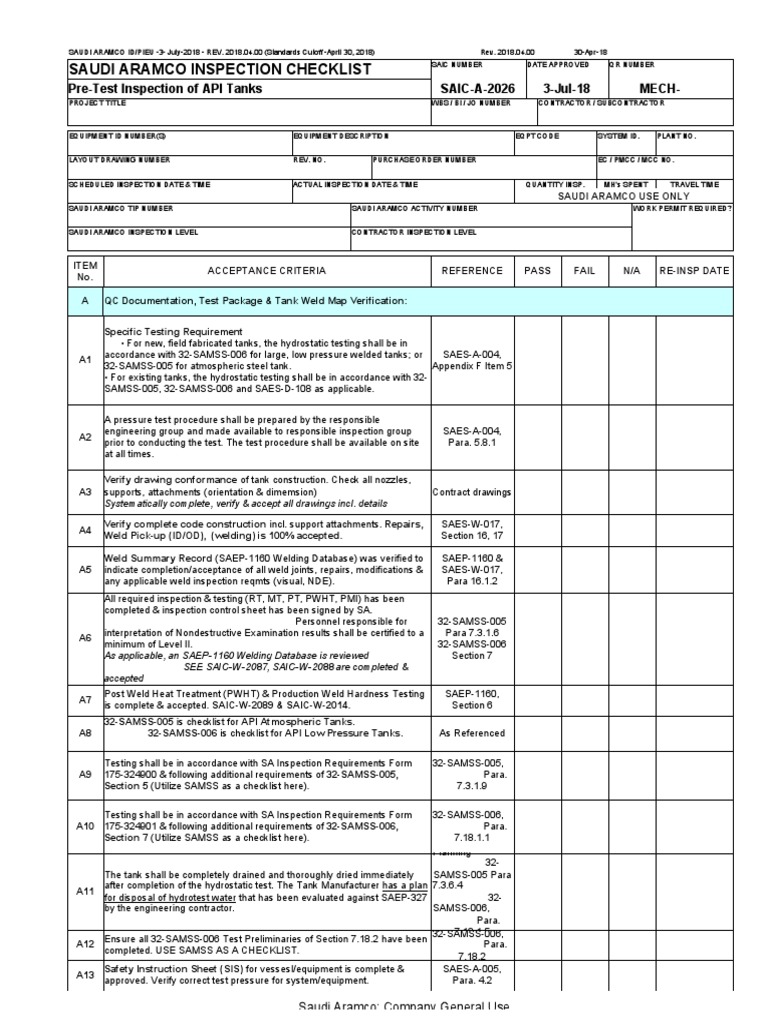 Saudi Aramco Inspection Checklist: Pre-Test Inspection of API Tanks ...