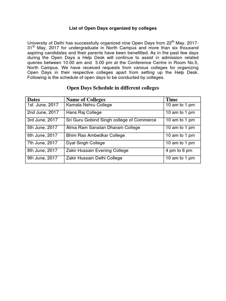 Open Days Schedule in Different Colleges Dates Name of Colleges Time ...
