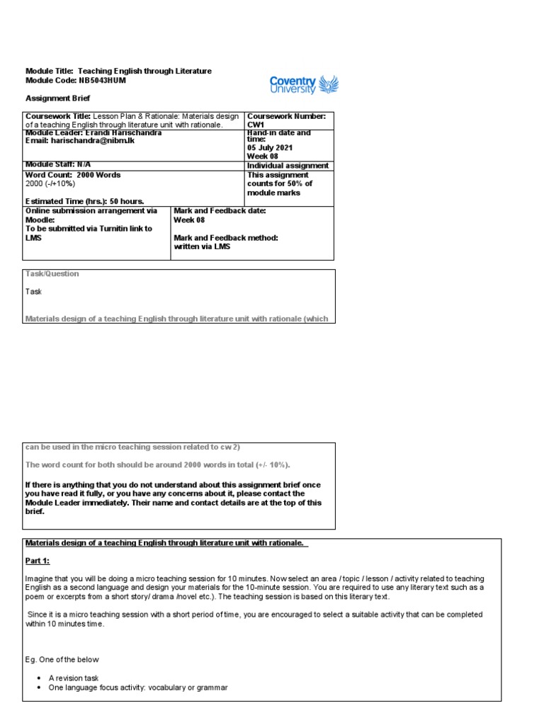Lesson Plan for Teaching English via Literature | PDF | Lesson Plan ...