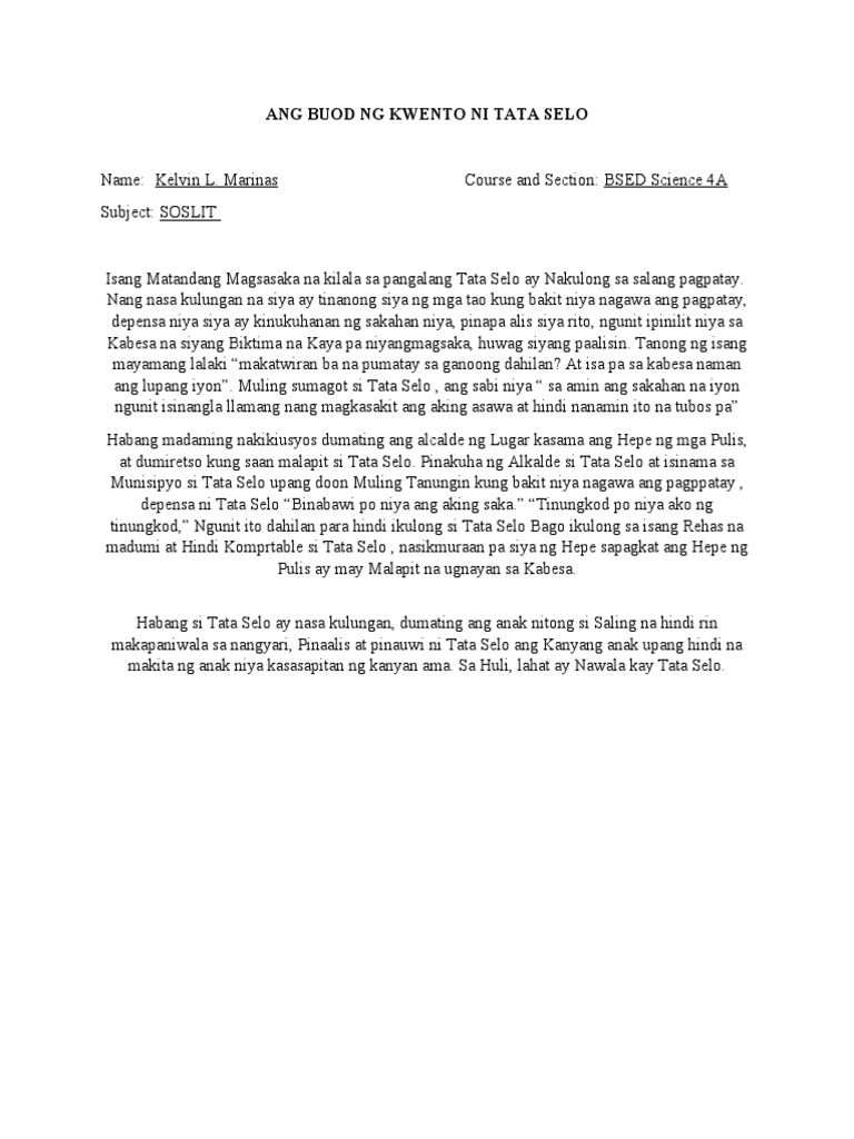 Ang Buod NG Kwento Ni Tata Selo | PDF