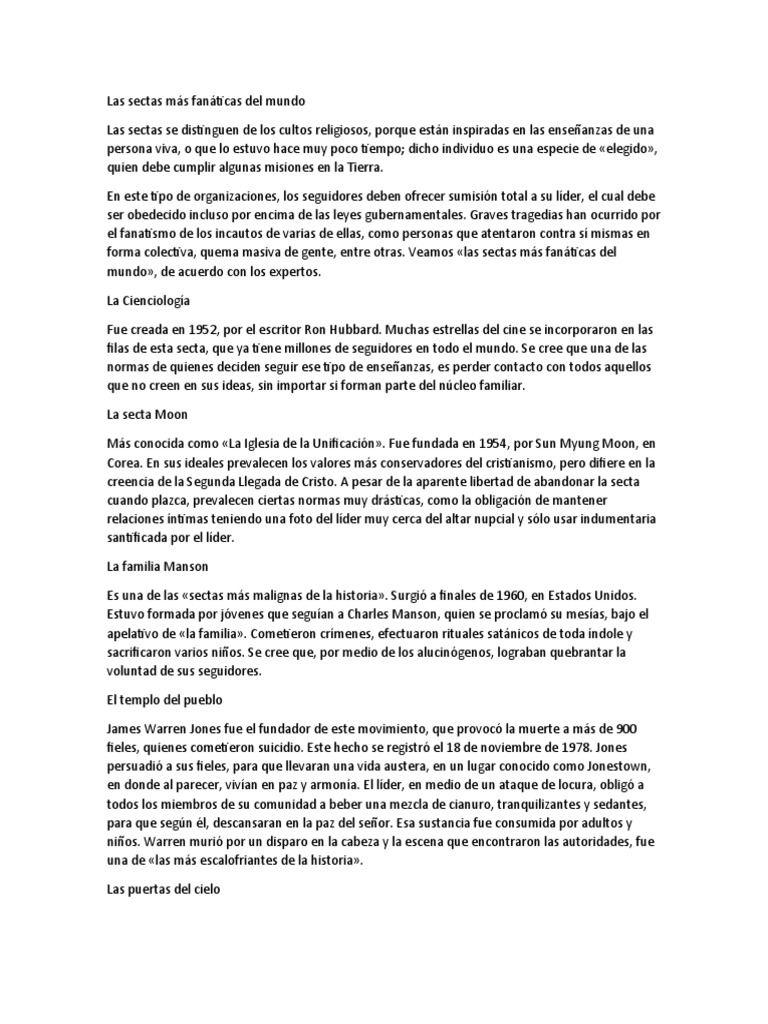 Las Sectas Más Peligrosas Del Mundo | PDF | Religiones religiosas