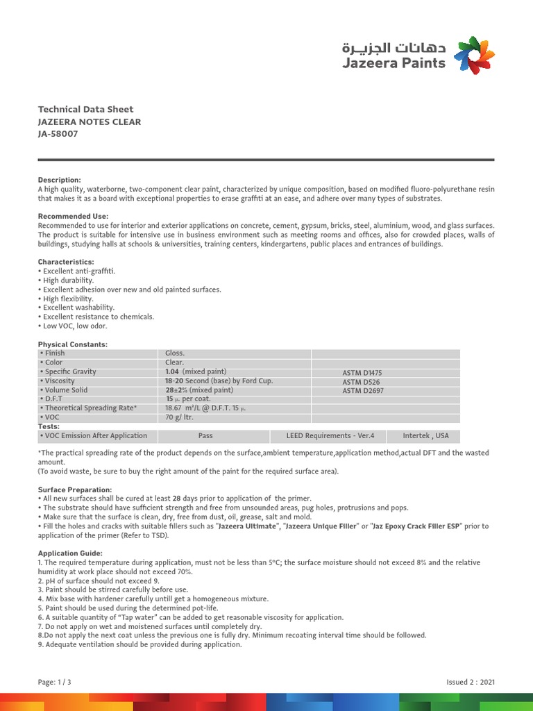 Technical Data Sheet Jazeera Notes Clear JA-58007: Description | PDF ...