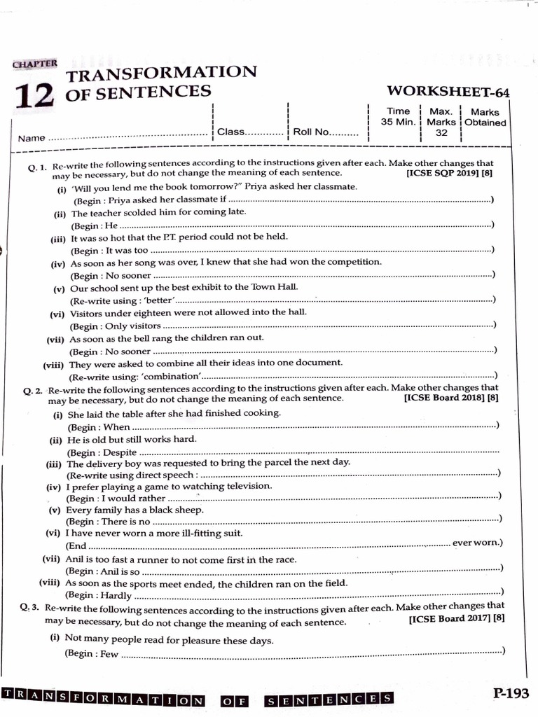 Transformation of Sentences | PDF