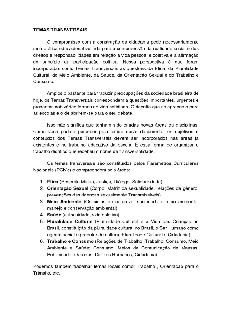 Temas Transversais na Educação Escolar | PDF | Sociologia | Aprendizado