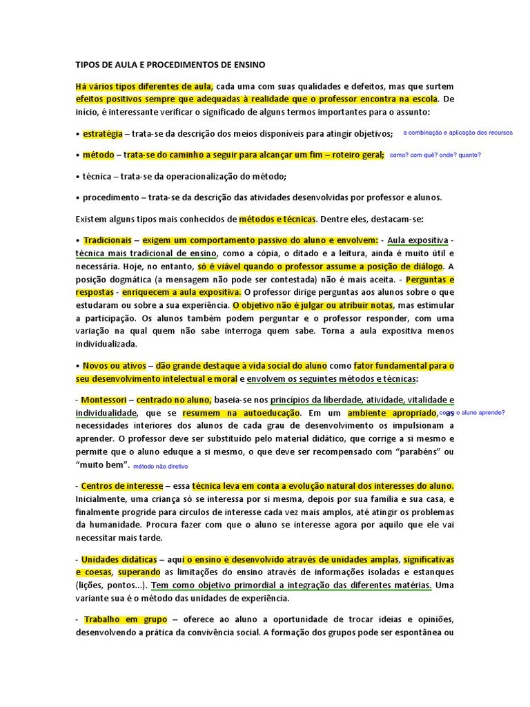 Tipos de Aulas e Procedimentos de Ensino | PDF | Aprendizado | Pensamento