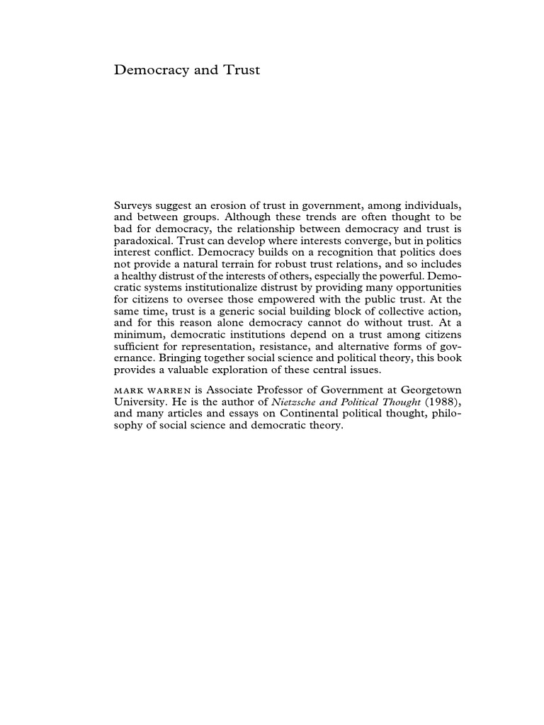 (Mark E. Warren) Democracy and Trust | PDF | Social Capital | Institution