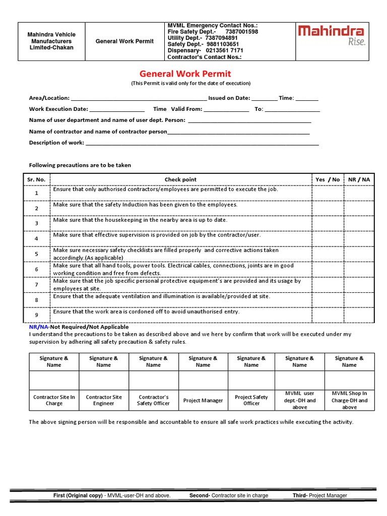 General Work Permit: (This Permit Is Valid Only For The Date of ...