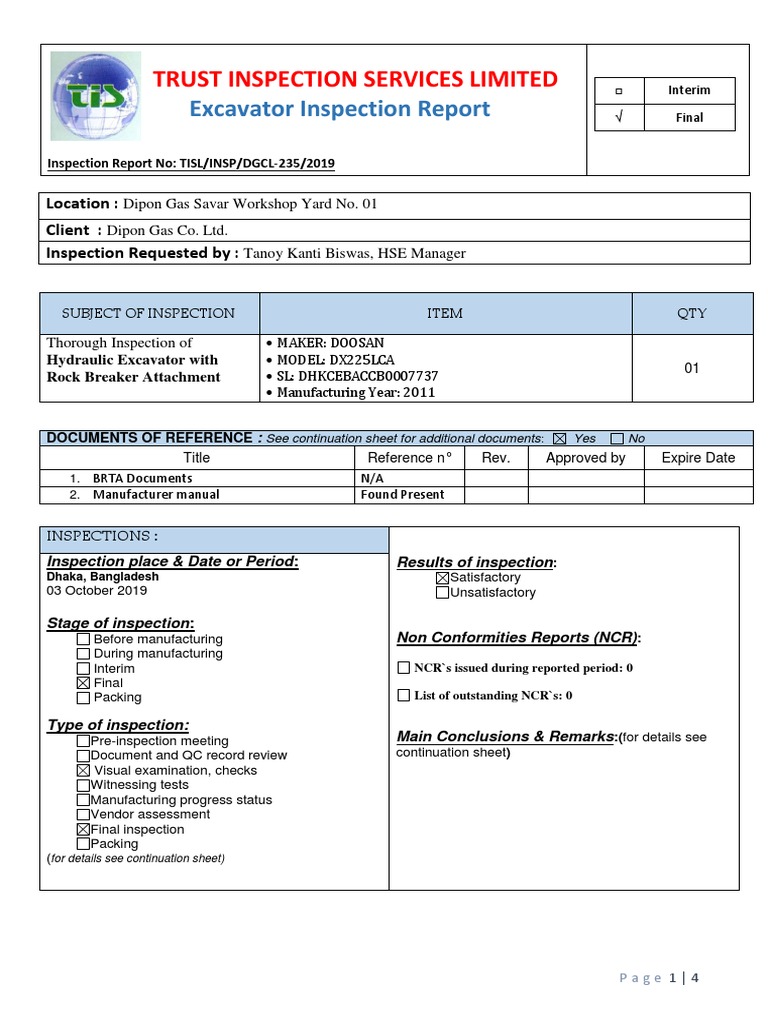 Thorough Inspection Report - EXC - 2 - DOOSAN | PDF | Vehicles | Motor ...