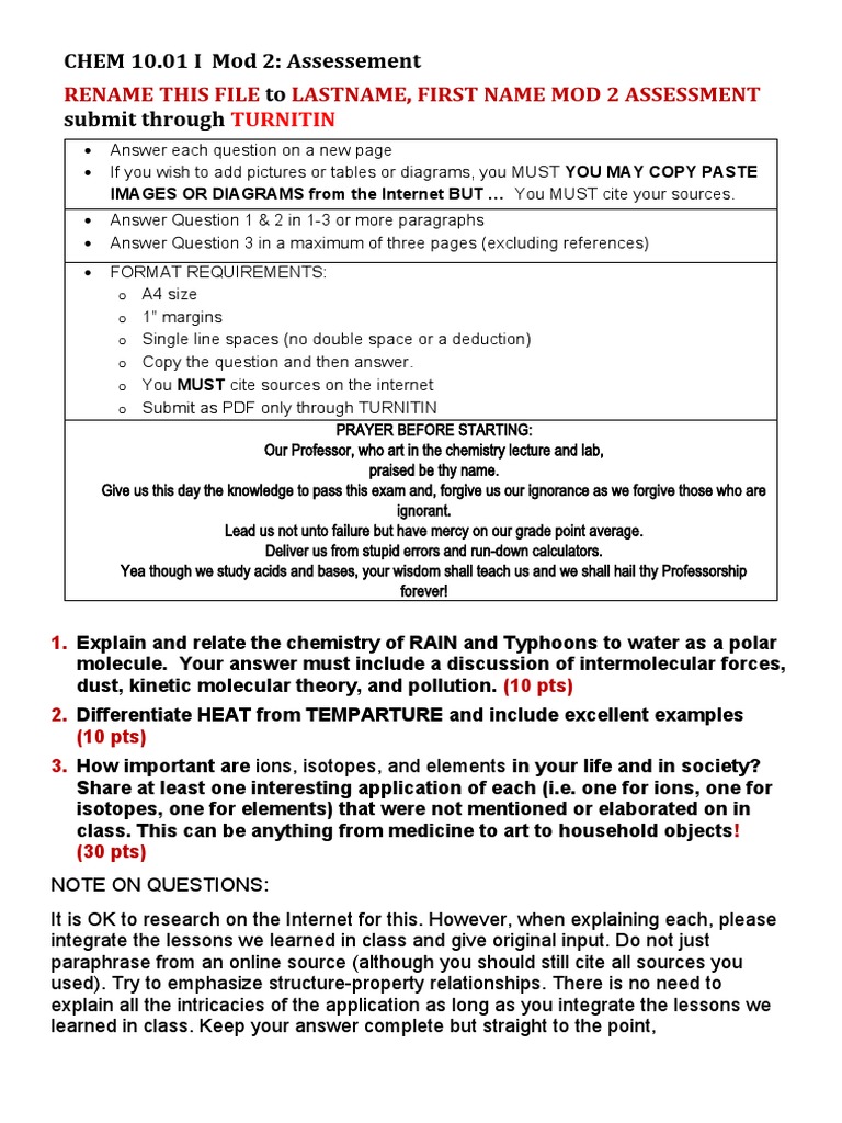 CHEM 10.01 I Mod 2 Assessement | PDF | Chemistry | Applied And ...