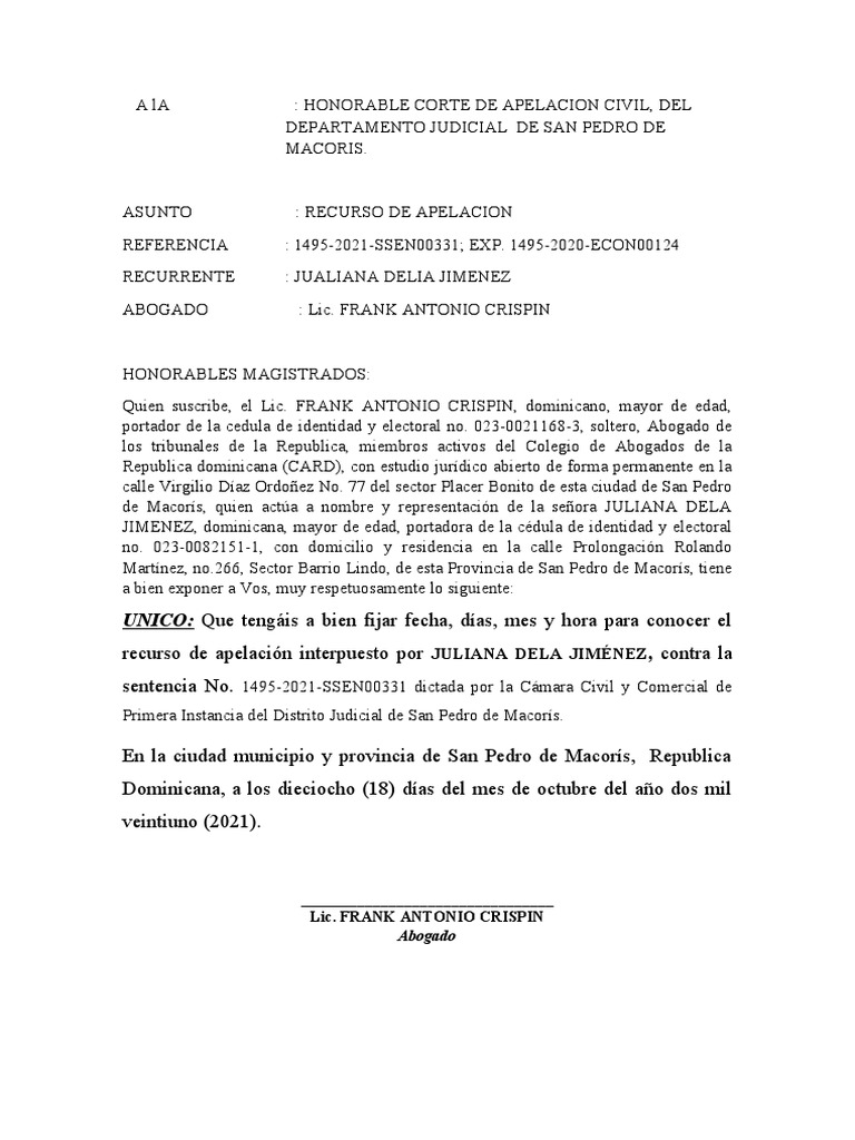 Fijacion de Audiencia en La Corte de Apelacion de Frank Crispin Con ...