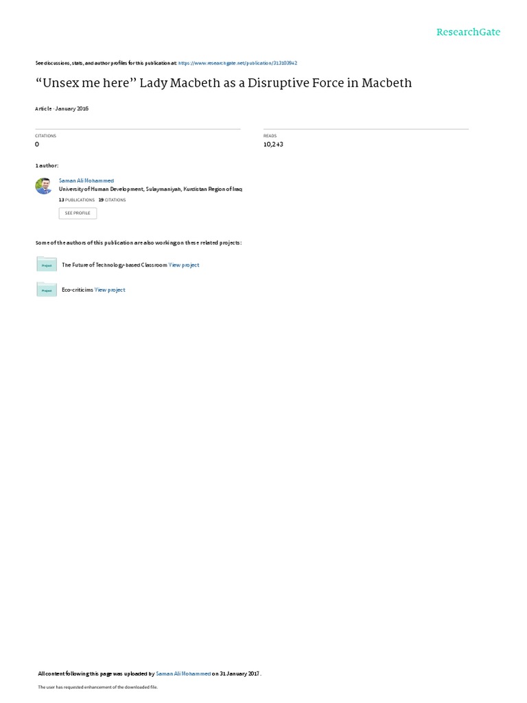 "Unsex Me Here" Lady Macbeth As A Disruptive Force in Macbeth | PDF ...