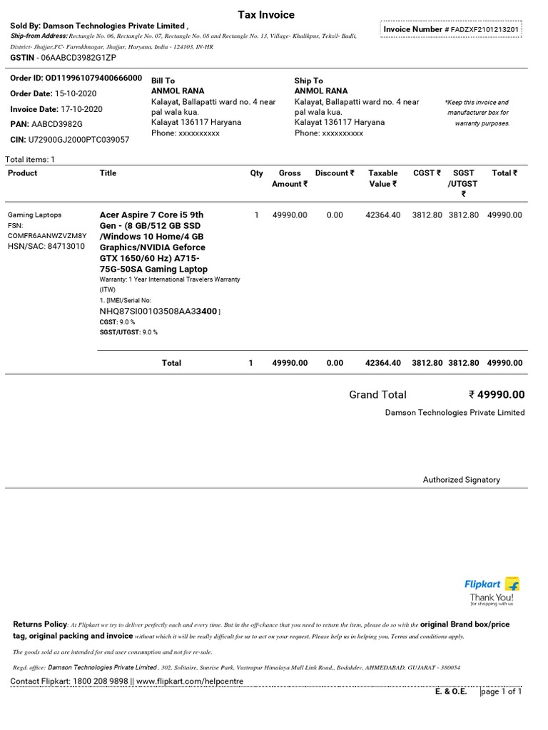Acer Invoice | PDF | Computing | Personal Computing
