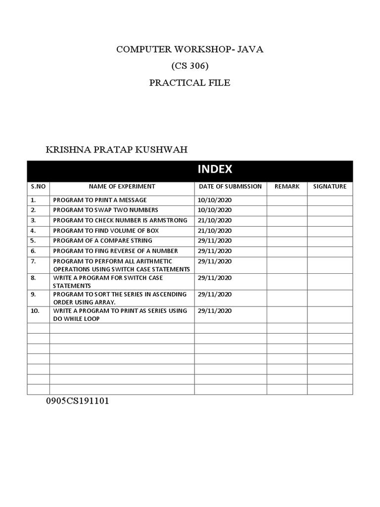 Index: Computer Workshop-Java (CS 306) Practical File | PDF | Information Technology Management ...