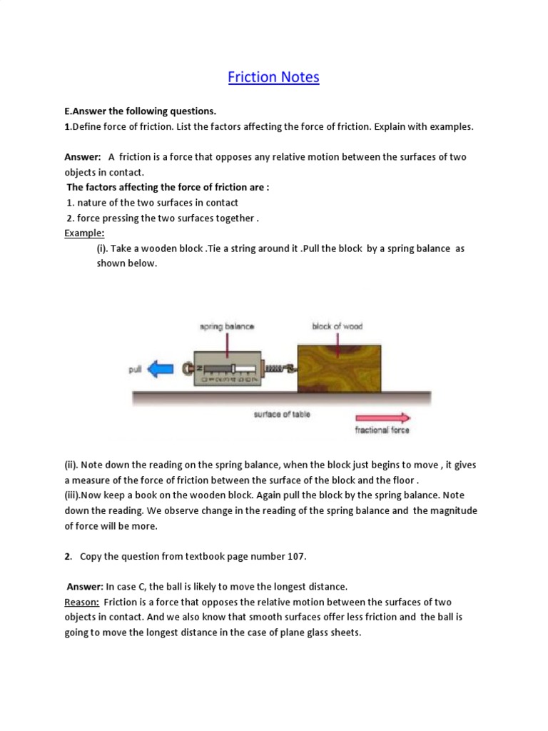 Friction Notes: E.Answer The Following Questions. 1 Answer | PDF ...