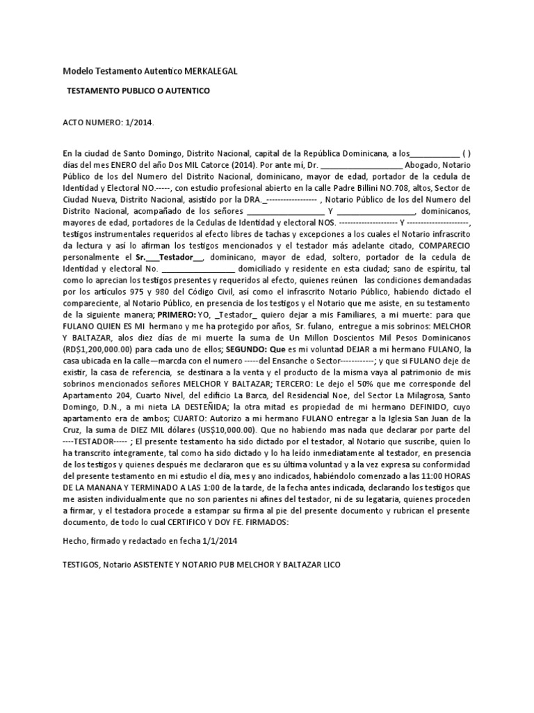Modelo Testamento Autentico MERKALEGAL | PDF | Voluntad y testamento ...