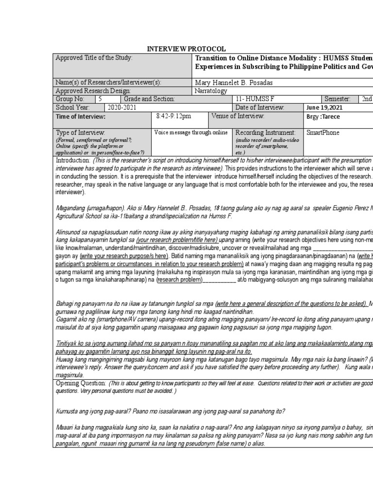 INTERVIEW PROTOCOL - G11 HUMSS F - GRP 5 1ELLA MATIAS | PDF | Interview ...