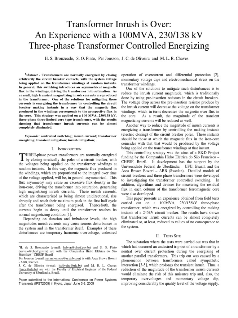 Transformer Inrush Is Over: An Experience With A 100MVA, 230/138 KV ...