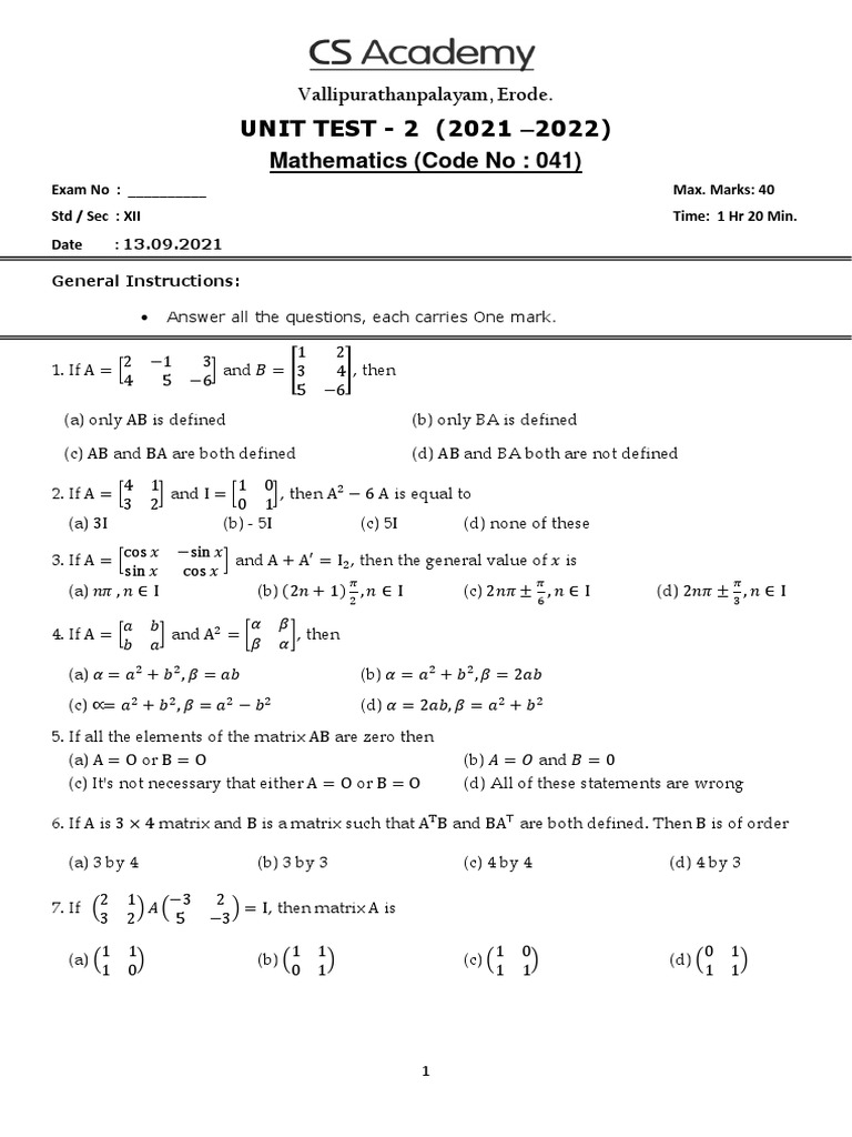 UNIT TEST - 2 (2021 2022) Mathematics (Code No: 041 ...