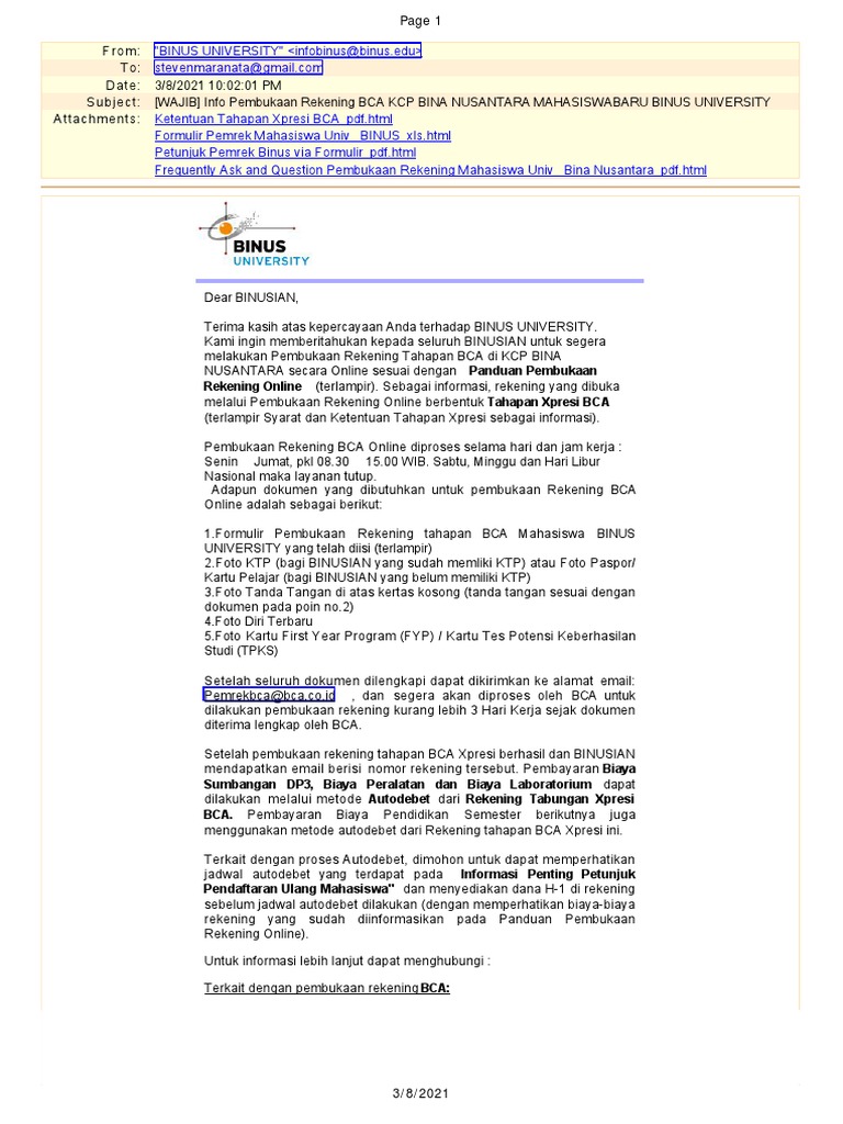 (WAJIB) Info Pembukaan Rekening BCA KCP BINA NUSANTARA MAHASISWA BARU ...