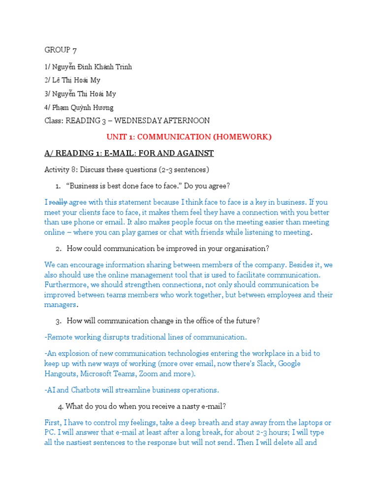 Unit 1: Communication (Homework) : A/ Reading 1: E-Mail: For and ...