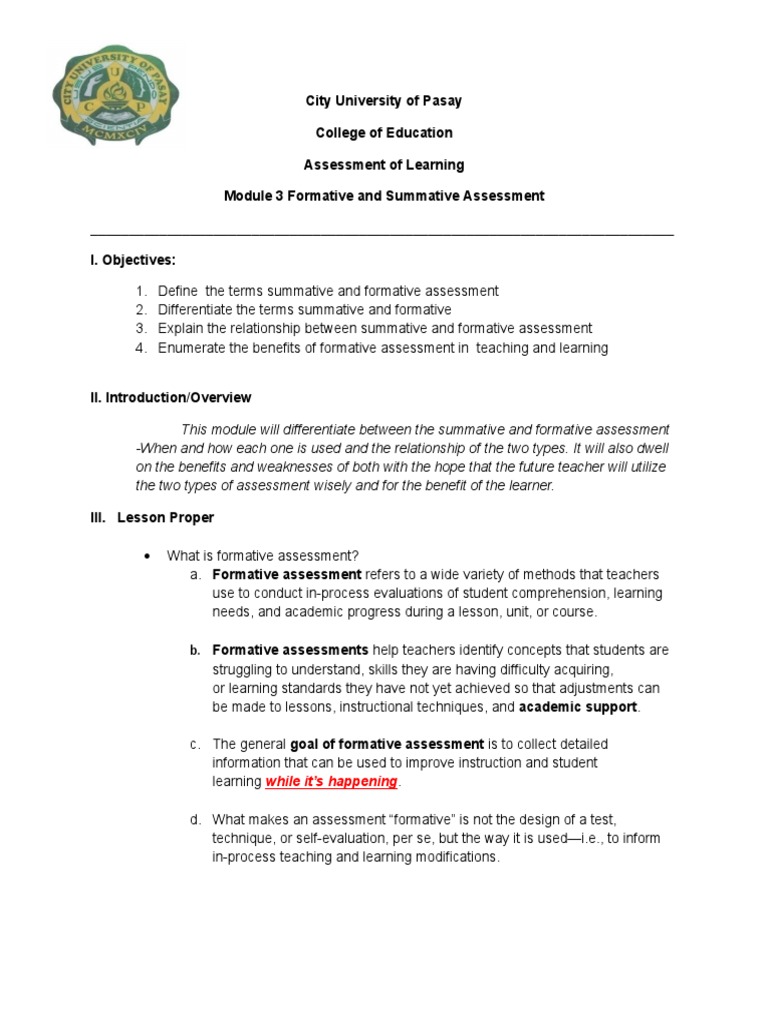City University of Pasay College of Education Assessment of Learning ...