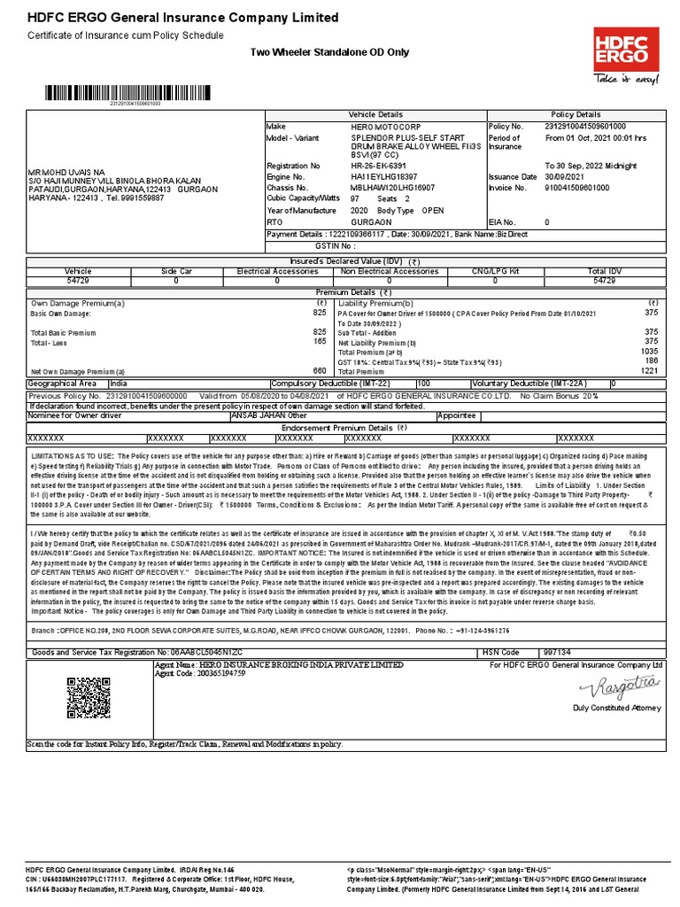 Two Wheeler Standalone OD Only: Certificate of Insurance Cum Policy ...